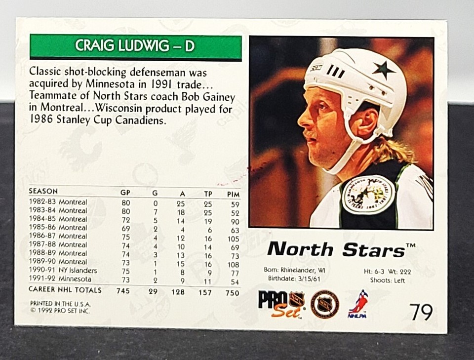 CRAIG LUDWIG Signed Autograph 1992 Pro Set Hockey Card #79 Minnesota ...