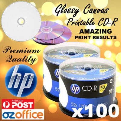PREMIUM 100 x HP CD-R GLOSSY Printable CD Discs 52X 80mins Blank CD R ...