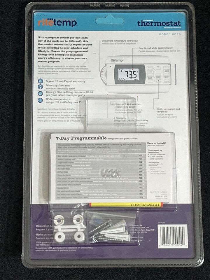 NEW RiteTemp Universal Thermostat 6025 7-Day Digital Programmable New ...