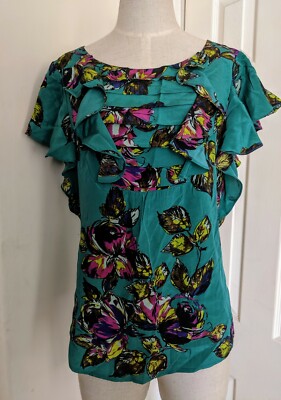 Postella Anthropologie women's Small floral teal silk blouse ruffle ...