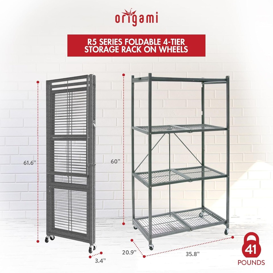 Origami 4 Tier Folding Shelves, Storage Shelving Rack Unit with Wheels ...