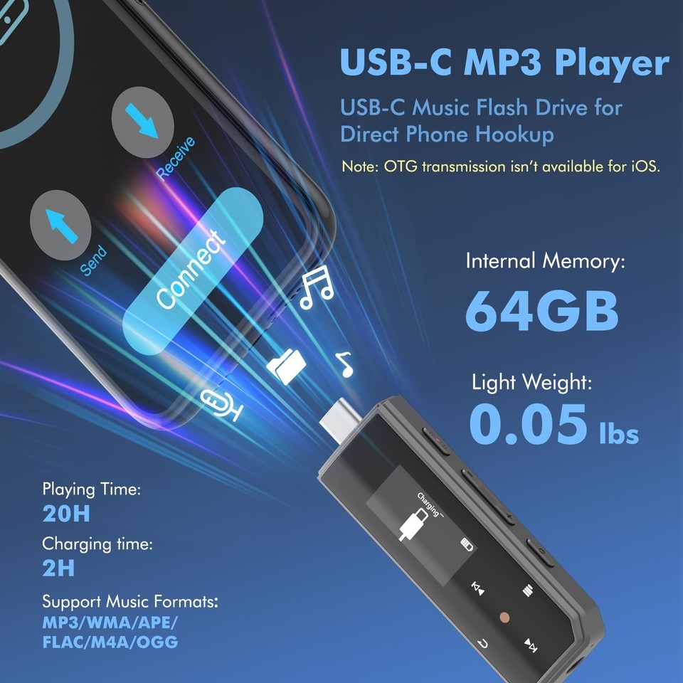 64GB Type-C USB MP3 Player with Bluetooth 5.3, Clip Portable Music ...