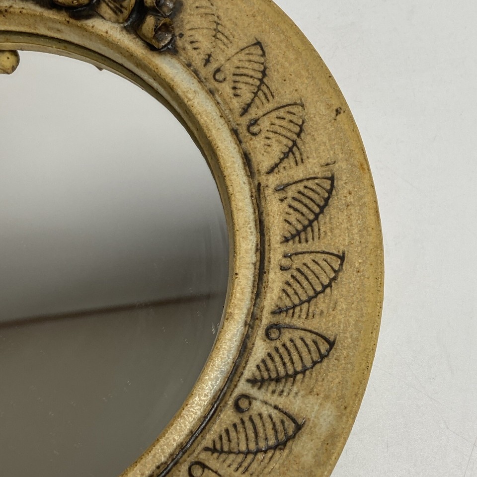 Vtg Artisan Studio Pottery Mirror Stoneware Round Applied Floral 10 in ...