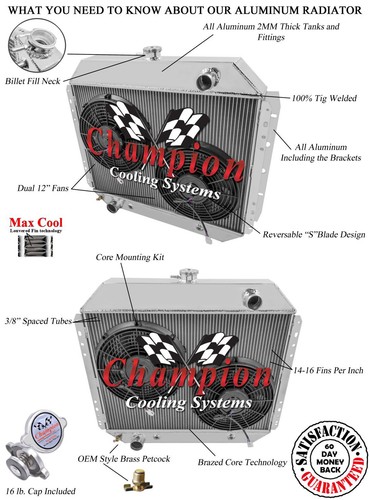 Atom Champion 3 Row Radiator W/ 2 12" Fans for 1968 - 1979 Ford Truck ...