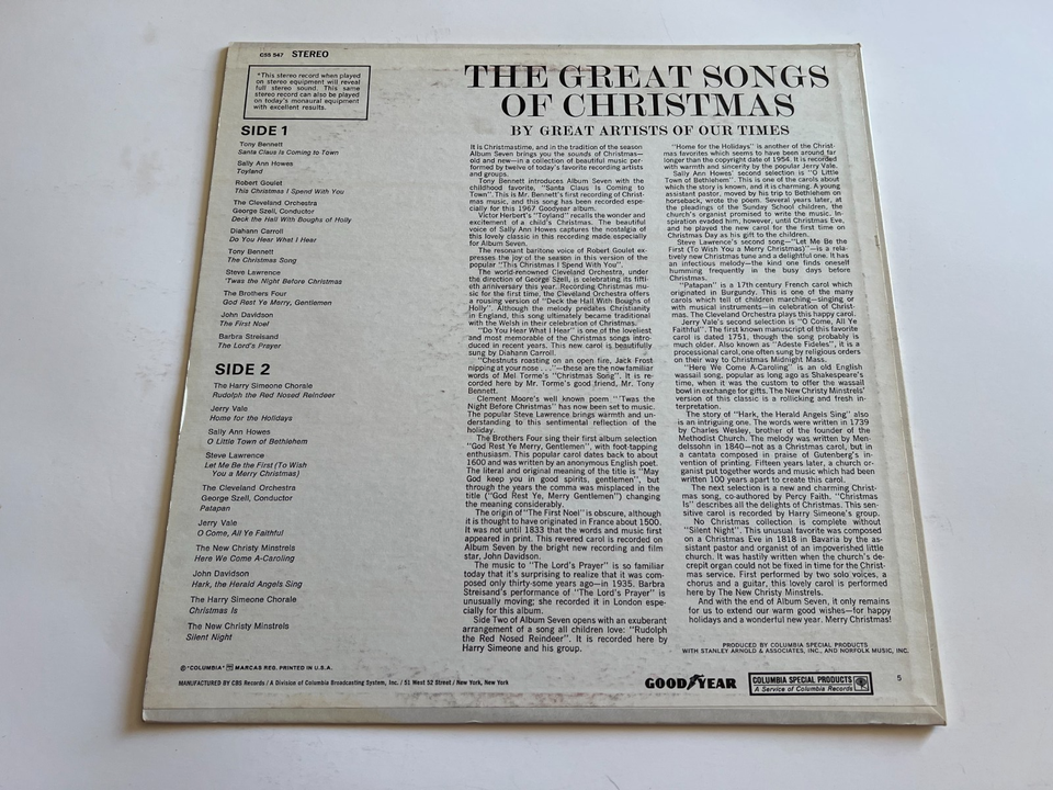 Great Songs of Christmas Album 7 LP 1967 Columbia EX Vinyl Holiday ...