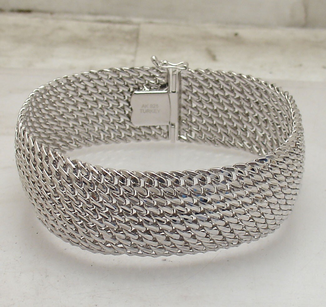 8.5" Wide Diamond Cut Mesh Woven Chain Bracelet Anti-tarnish Real 925 ...