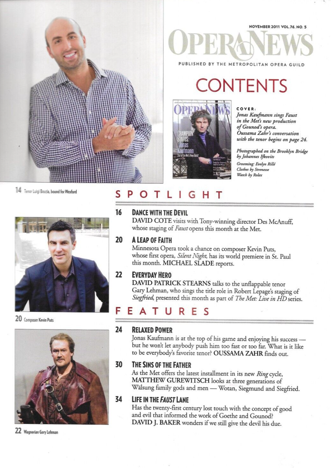 Opera News Magazine Jonas Kaufmann Tenor Gary Lehman Des McAnuff Silent ...