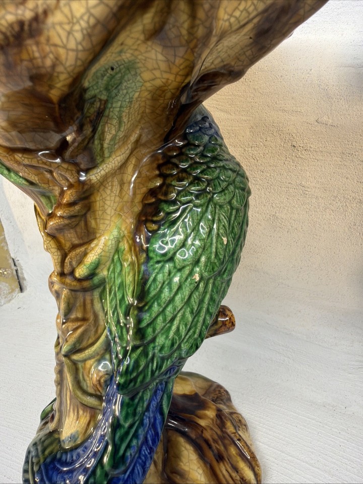 2 Antique Majolica Parrot Stands On Branch Tabletop | eBay