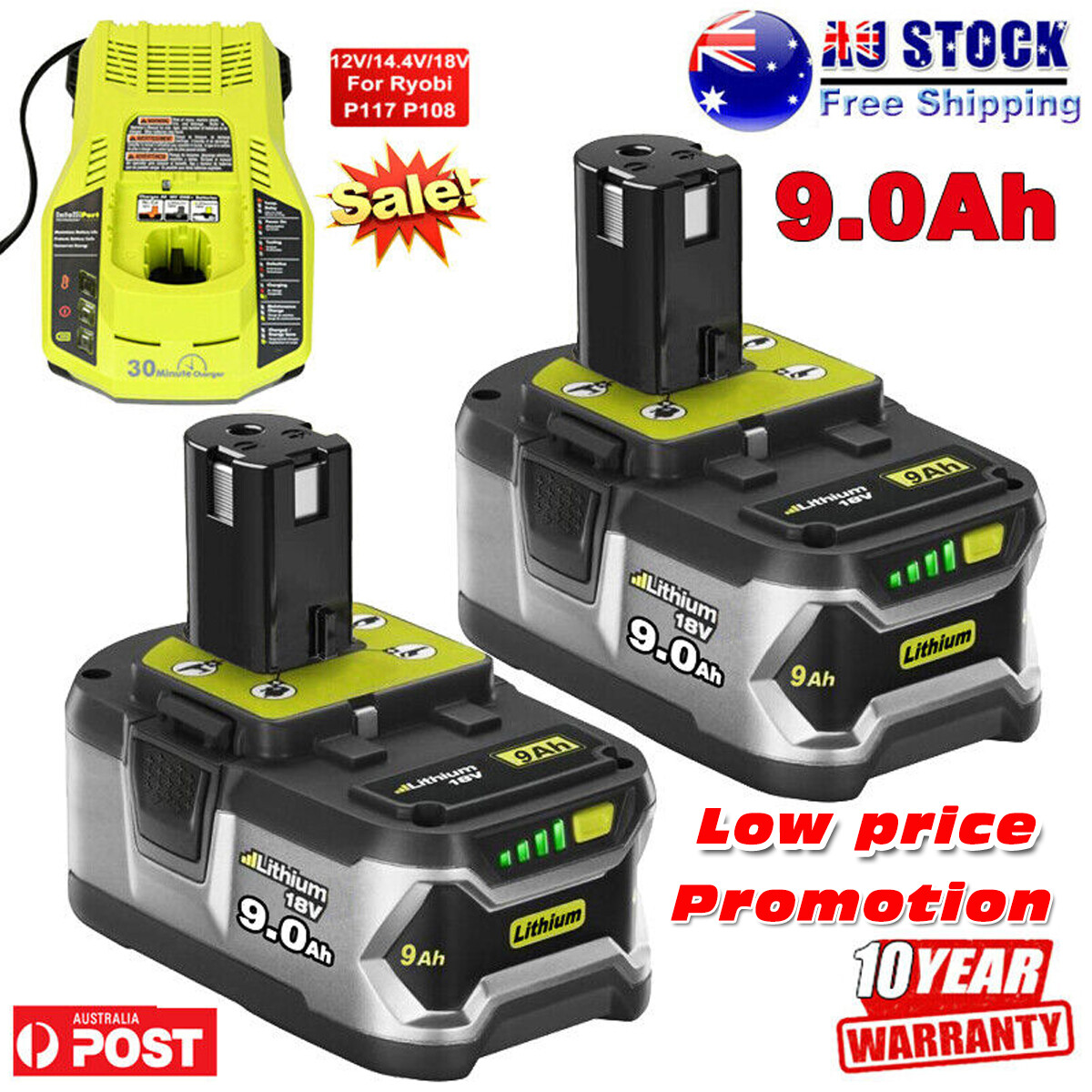 2X 18V 9.0Ah Lithium Battery For RYOBI P108 one PLUS P104 P107 Charger