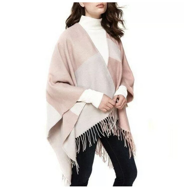 Soia & Kyo Womens Nude Pink Plaid Scarfigan Fringe Shrug Wrap One Size ...