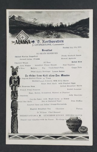 1931 Alaska Line SS Northwestern Cruise Ship Vintage Breakfast Menu | eBay