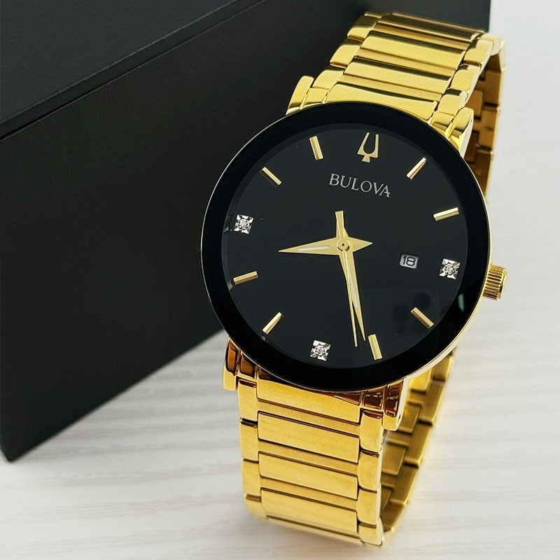 Bulova Modern 97D116 Black Diamond Dial Gold Bracelet Men's Quartz ...