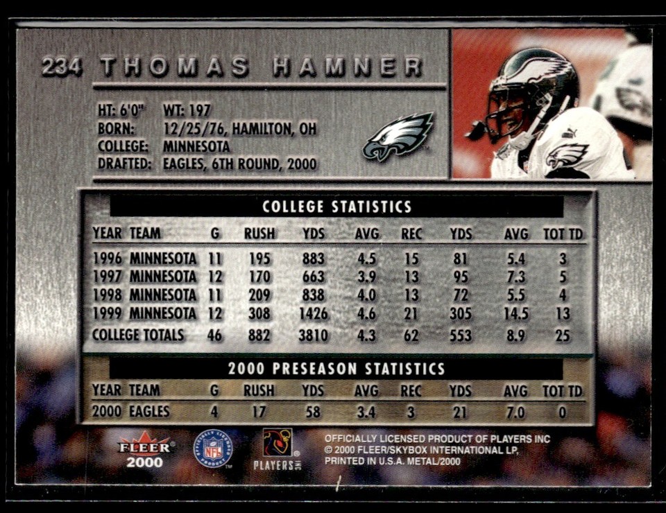 2000 Fleer Metal Thomas Hamner Rookie Philadelphia Eagles #234 | eBay