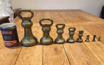 8 x Vintage Scale Weights 7lb to 1/2oz Brass Bell Butchers (missing 4oz ...
