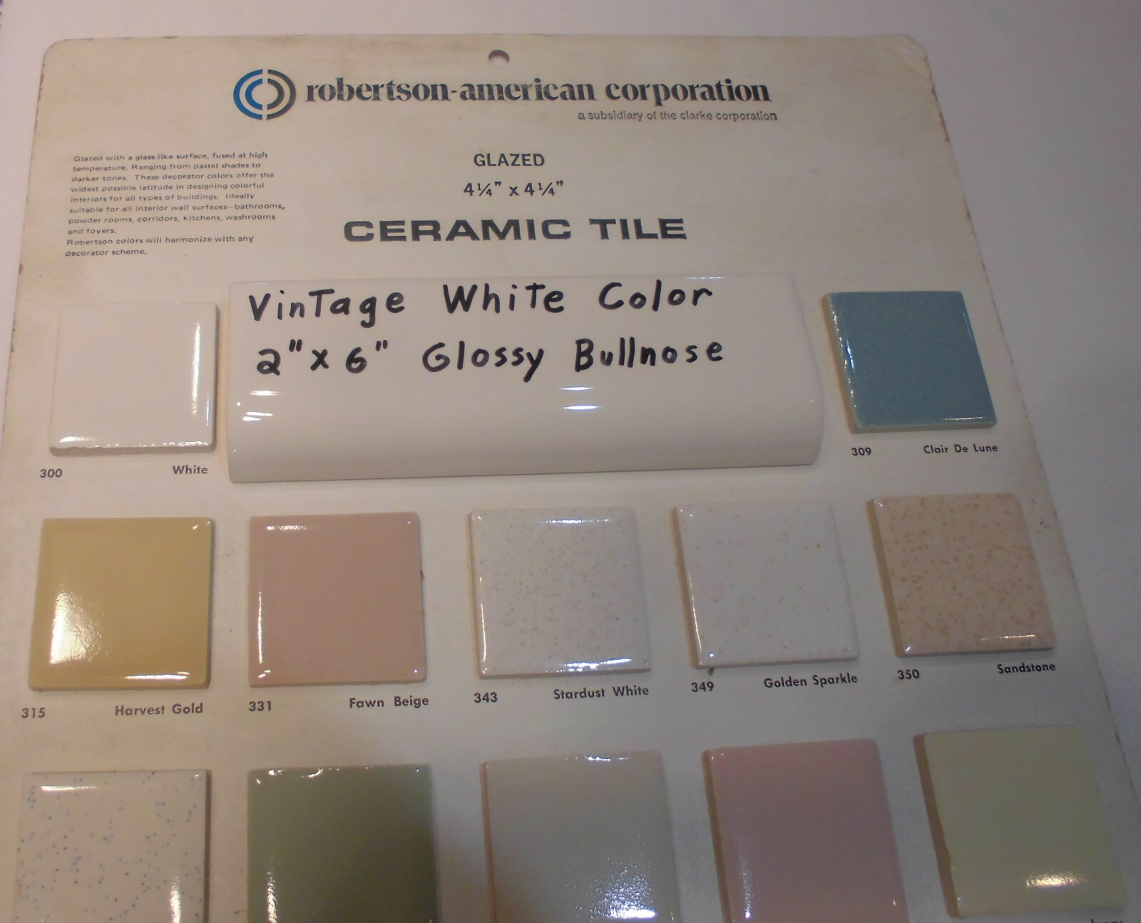 1 pc. Vintage White: Glossy 2" X 6" Ceramic Radius Bullnose Tile; Mud ...