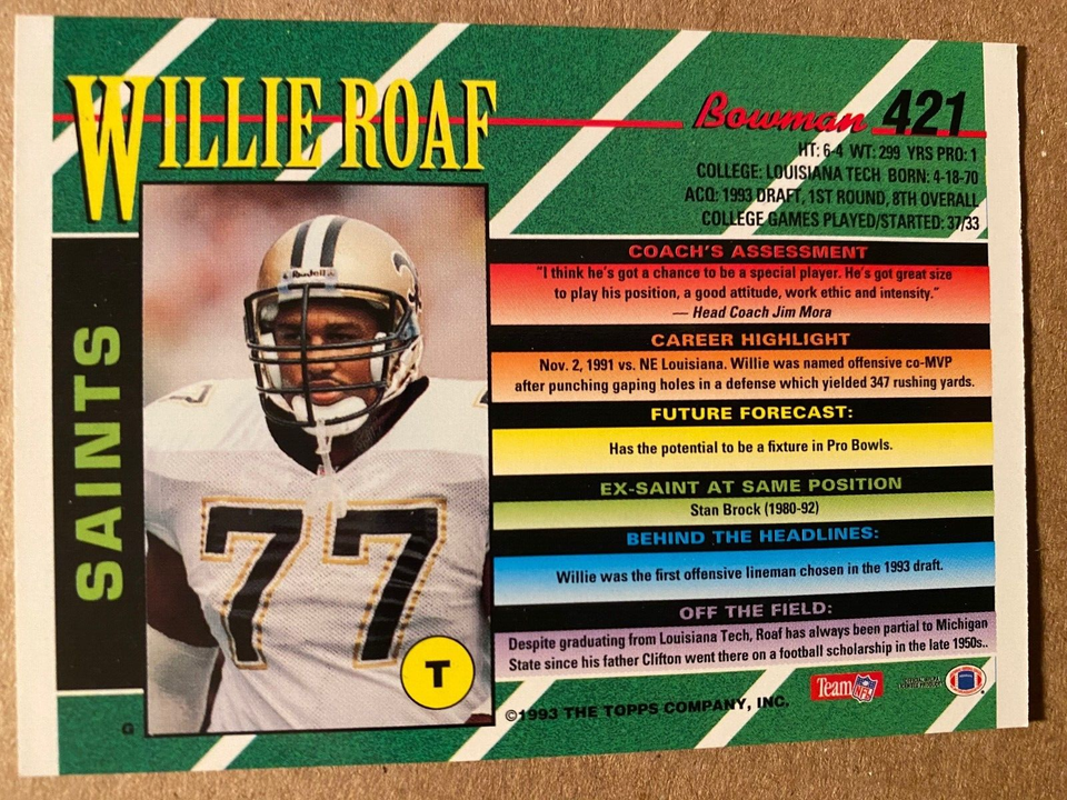 1993 Bowman WILLIE ROAF RC #421 NEW ORLEANS SAINTS Foil | eBay