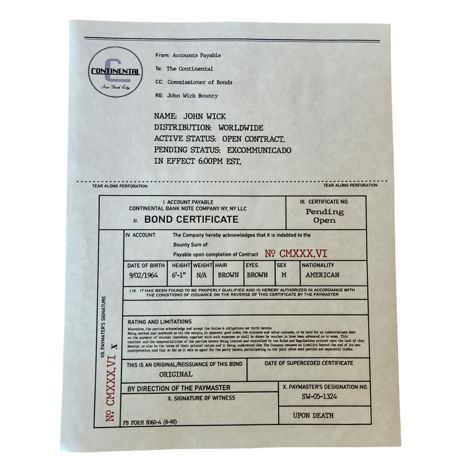 Excommunicado John Wick contract documents for prop or display The ...