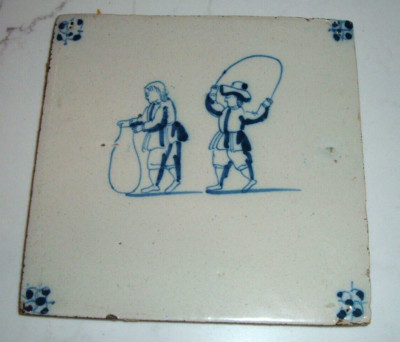 Early Dutch Delft Blue tile, children rope jumping | eBay