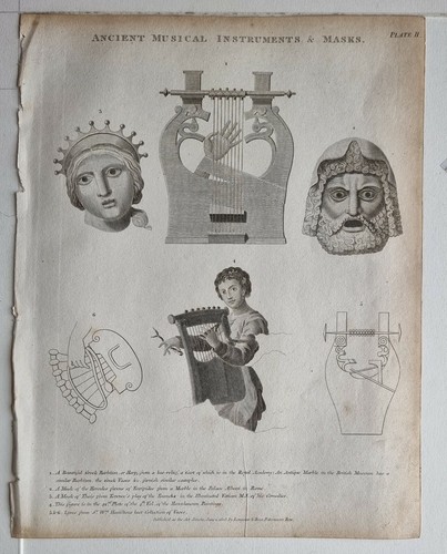 1803 Stampa Antico Musical Strumenti & Maschere Greco Vasi Barbiton ...
