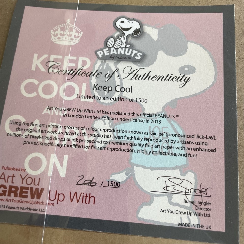 Snoopy 'Keep Cool' Ltd Ed Fine Art Print Mounted Framed • Official ...