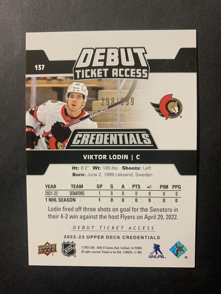 Viktor Lodin 2022-23 UD Credentials Debut Ticket Access /999 #137 ...