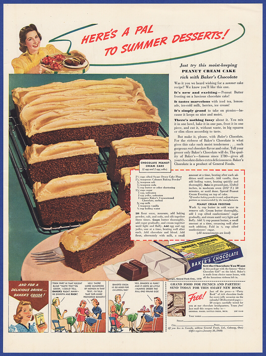 Vintage 1939 BAKER'S CHOCOLATE Peanut Cream Cake Kitchen Decor Baking ...