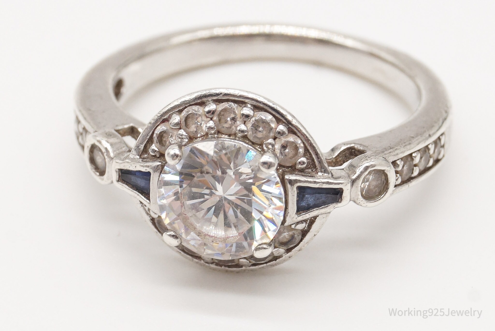 Vintage Cubic Zirconia Sapphire Platinum Clad Sterling Silver Ring ...