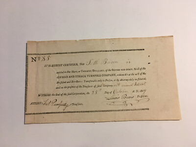 LOW # 85 OWEGO ITHACA TURNPIKE 1809 STOCK CERTIFICATE RAILROAD RR RY ...