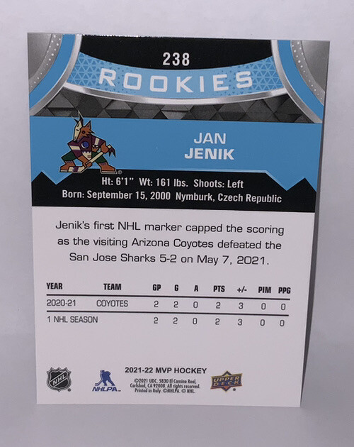 21-22 Upper Deck MVP Hockey Rookie Ice Battles No.238 Jan Jenik | eBay