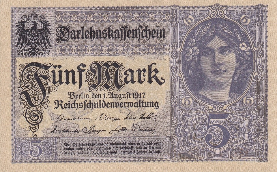 Currency Germany 1917 Reich Banknote 5 Funf Mark Uncir | eBay