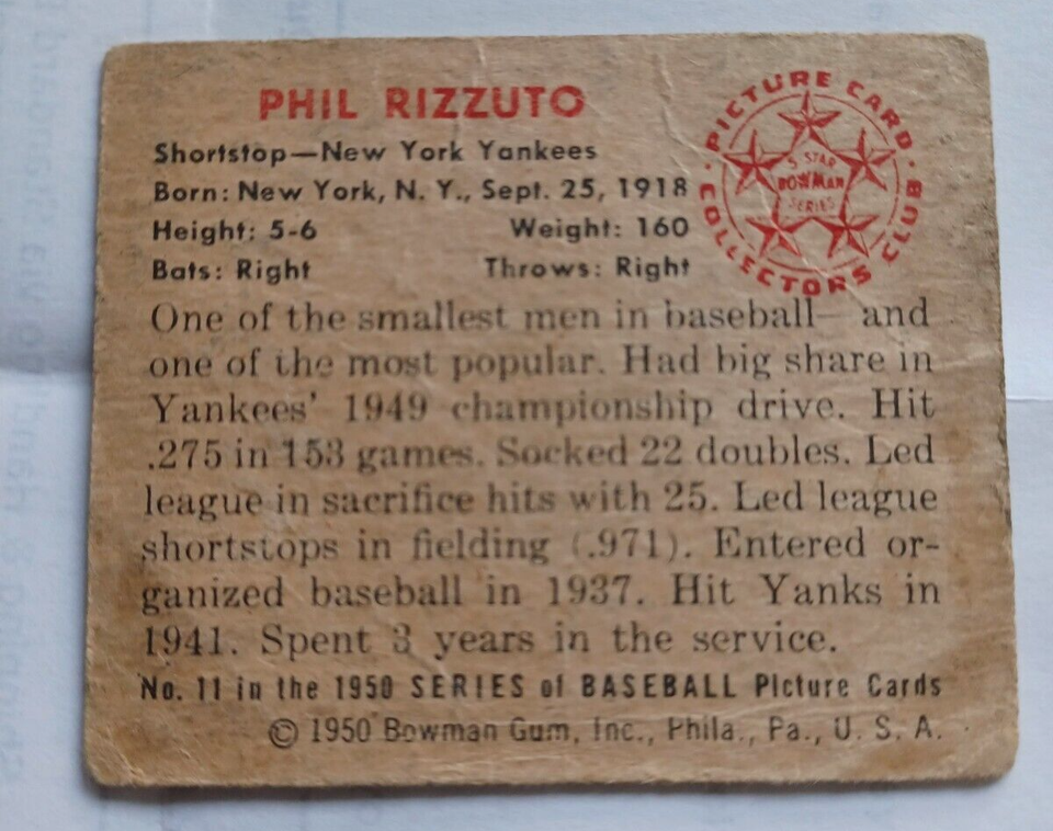 PHIL RIZZUTO "THE SCOOTER" 1950 BOWMAN #11 HOF "HOLY COW" NEW YORK ...