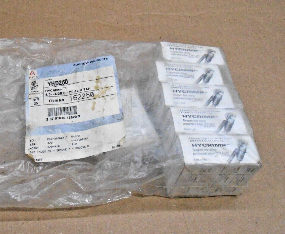 LOT OF 6 NEW BURNDY YHD250 ALUMINUM H-TAP WIDE COMPRESSION CONNECTOR 3/ ...