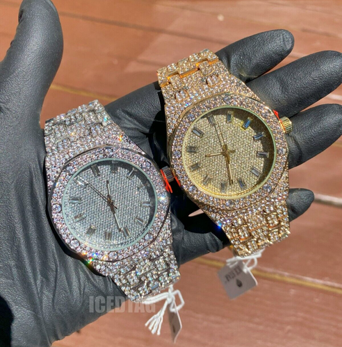 Men Iced Icy Out Gold Plated Metal Band Simulated Diamond Stainless ...