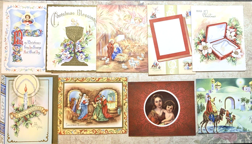 Vintage Christmas Card Religious Angels Baby Jesus Joseph Mary Wise Men ...