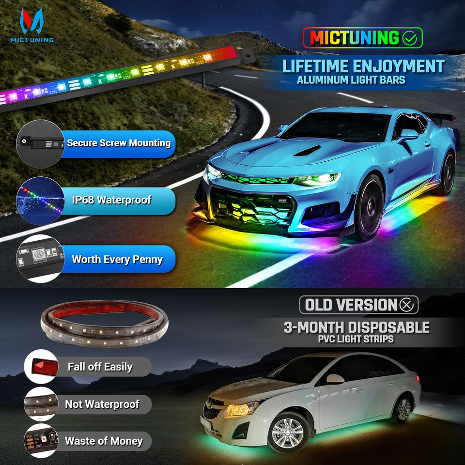 MICTUNING N8 Car Underglow Light Bar Kit,Chasing Color RGB+IC LED Strip ...