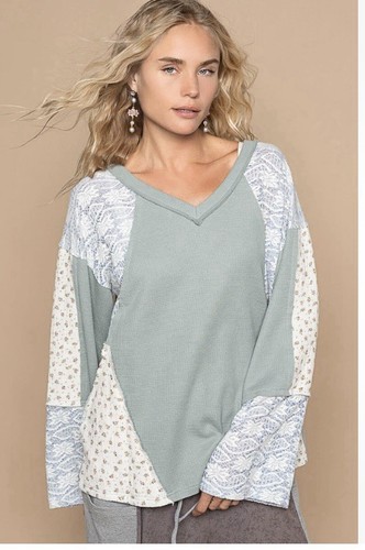 Pol Long sleeve V Neck Waffle/ Thermal Patchwork Shirt/ Top L Boho | eBay