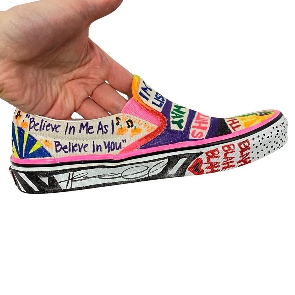 VANS Sneakers Custom Hand Drawn Graffiti Slide On Shoes Women 7.5 Men 6 ...