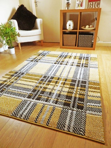 New Mustard Grey Silver Modern Tartan Small Large Thick Soft Floor Mat ...