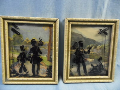 2 VINTAGE (PAIR) REVERSE PAINTING CONVEX GLASS SILHOUETTES HOBO TRAMP ...