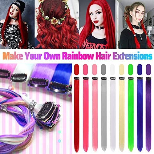 12 PCS Red Hair Extensions Clip in, Colored Party Highlights Extension ...