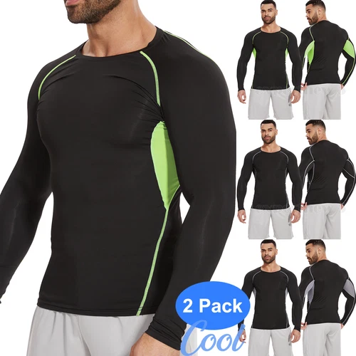 2Pack Men Compression Base Layer Top Long Sleeve Thermal Gym Sport ...
