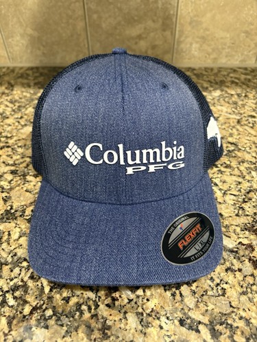 Columbia PFG Logo Mesh Flexfit Hat Fish Patch, Color: Blue Sz: L/XL ...