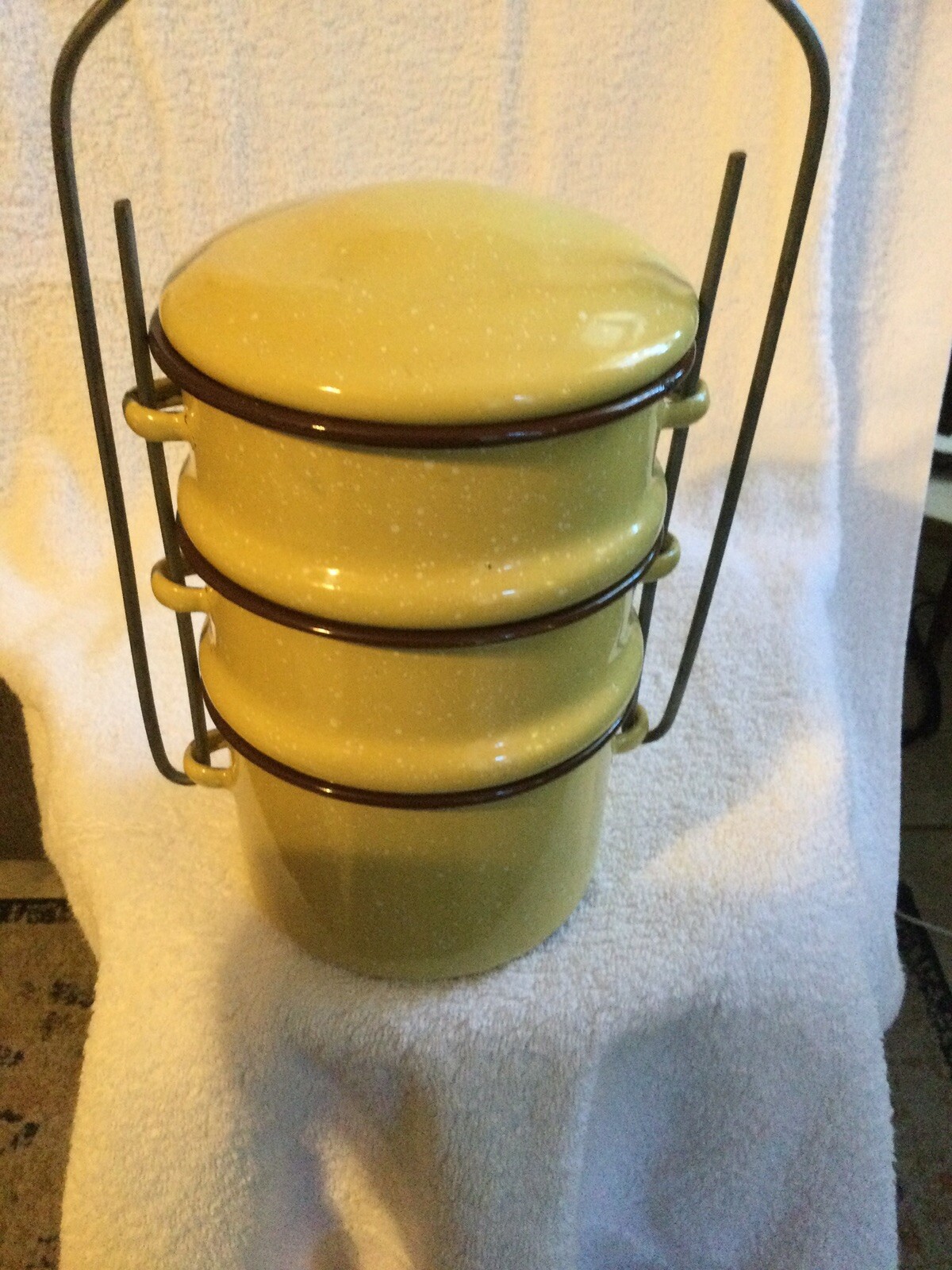 vintage tres yellow and White specs enamelware nesting pots set of 3 | eBay