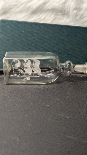 Vintage Glass Ship in Bottle Small Only 4.5" Long Hand Blown Sailing ...