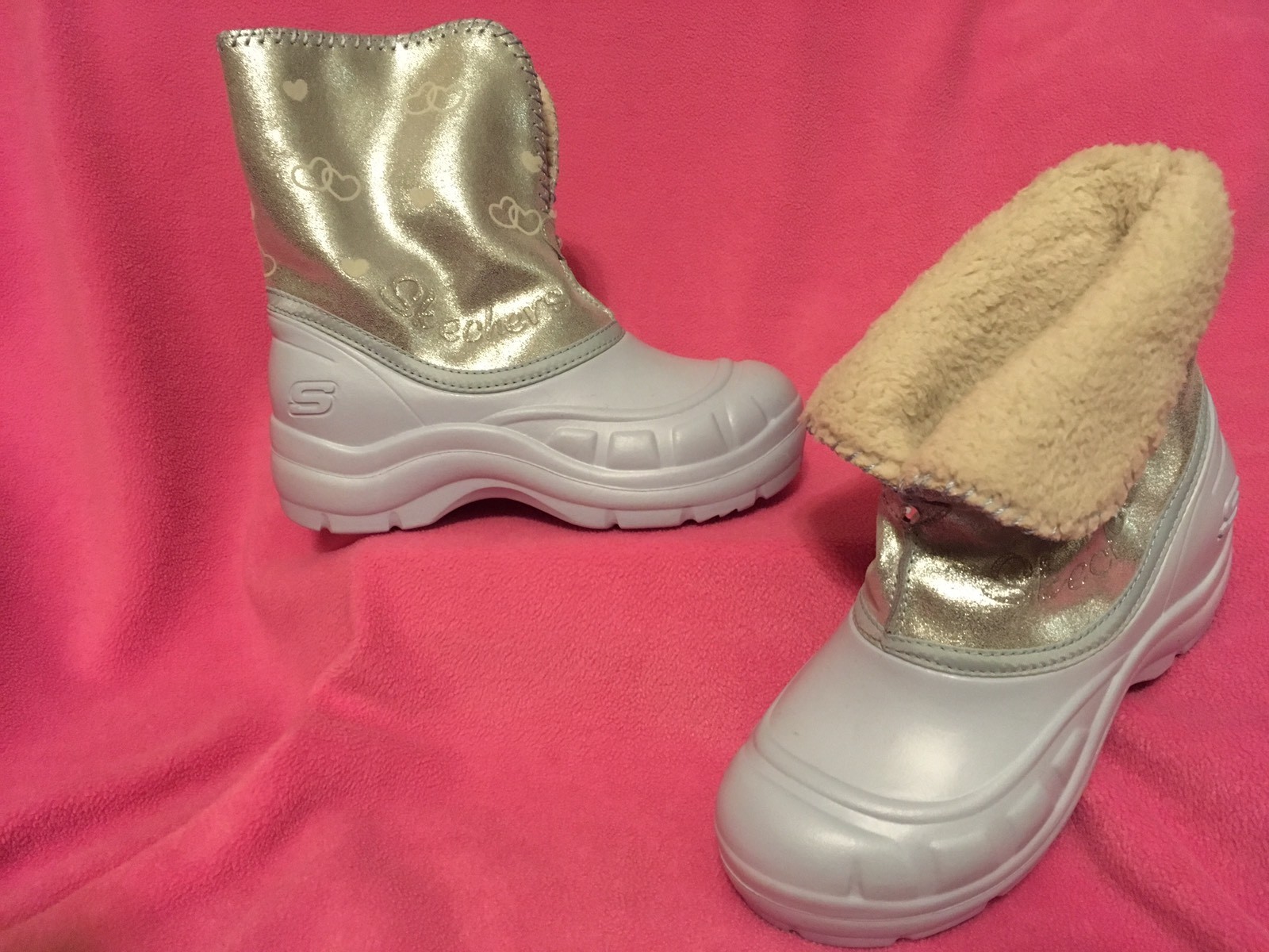Girls SILVER~LIGHT BLUE Ankle BOOTS with Faux FLEECE ~ SKECHERS 3M NEW ...