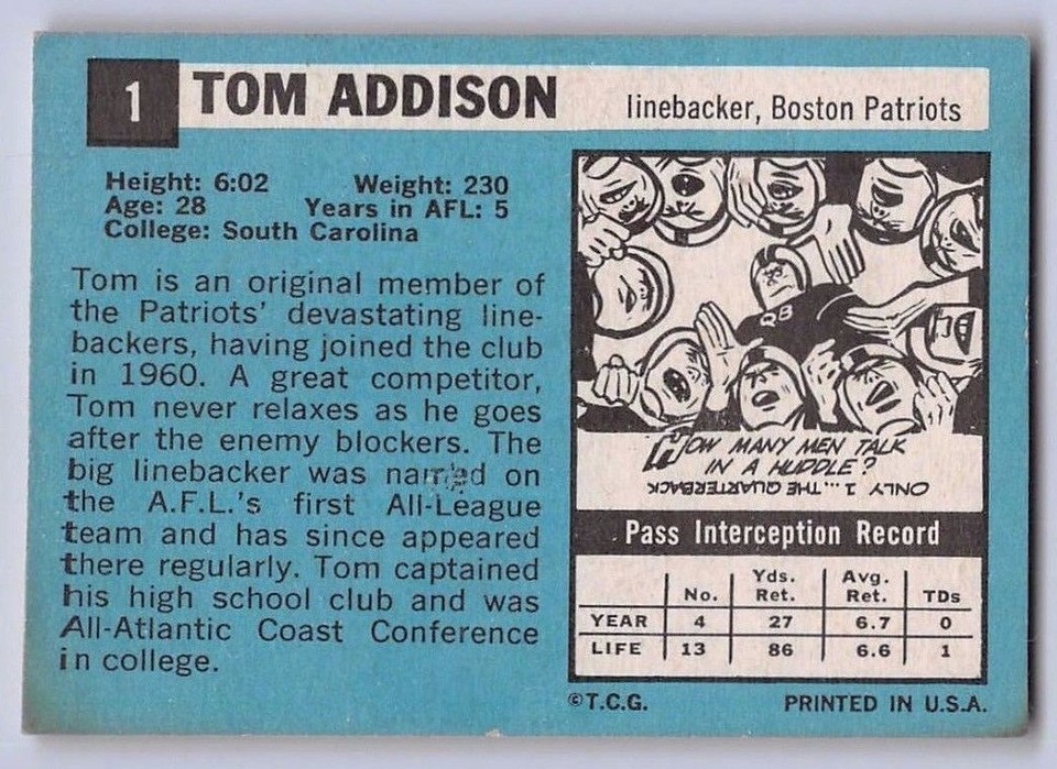 1964 TOM ADDISON - Topps "SHORT PRINT" Football Card - # 1 - BOSTON ...