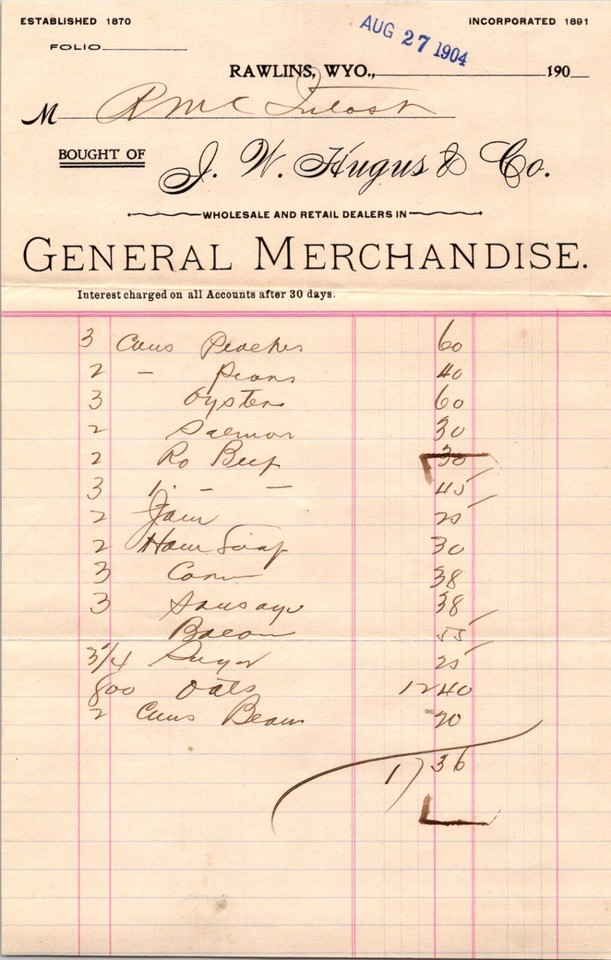 1904 J W Hugus Wholesale Retial General Merchandise Billhead RAWLINS WY ...