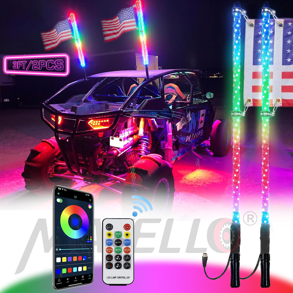 NEW Pair 3ft RGB Spiral LED Whip Lights Antenna Chase + Flag&Remote for ...