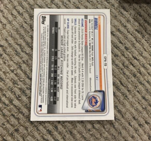 2020 Bowman Chrome TONY DIBRELL Auto #CPA-TD NEW YORK METS 1st Bowman ...