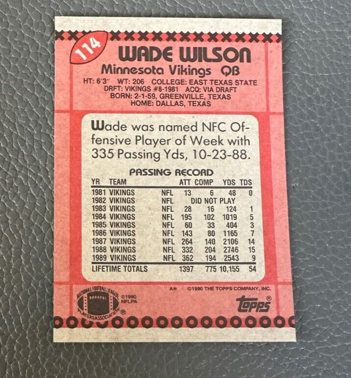 1990 Topps Football #114 Wade Wilson - Vikings QB | eBay